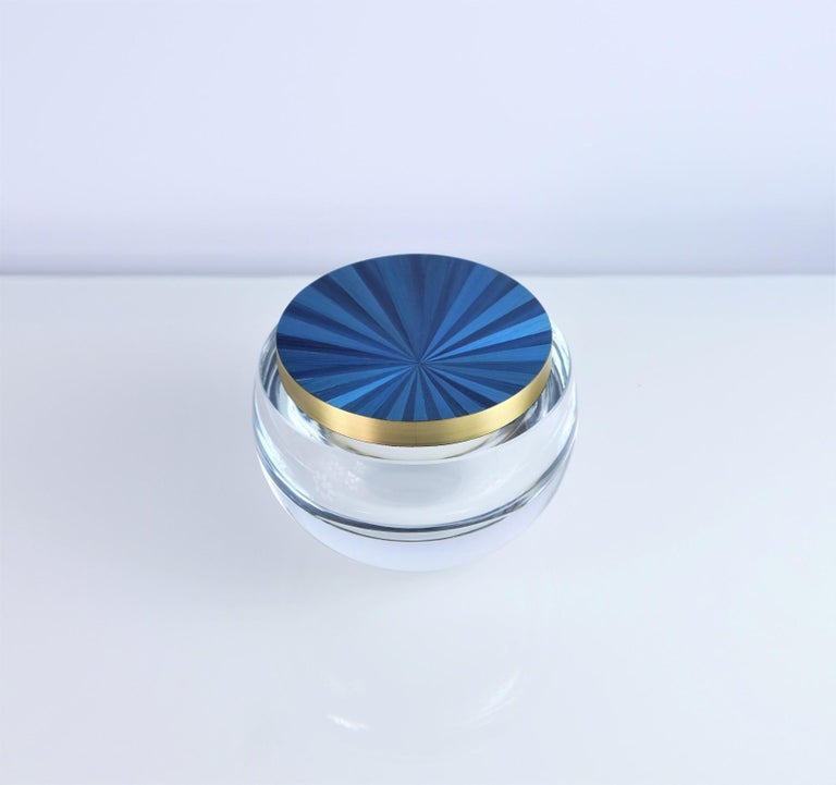 Round Glass Box with a Blue Straw Marquetry and Brass Lid by Ginger ...