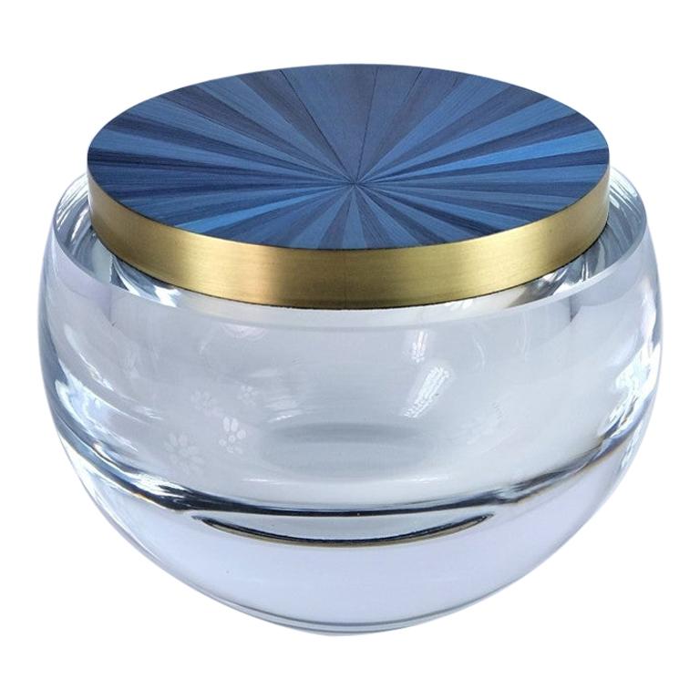 Round Glass Box with a Blue Straw Marquetry and Brass Lid by Ginger ...