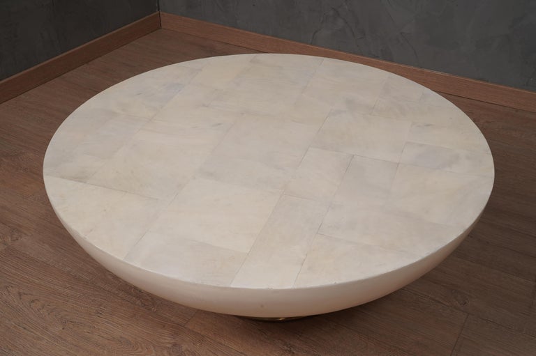 Round Goatskin and Brass Mid-Century Sofa Table, 1990 For Sale at 1stDibs