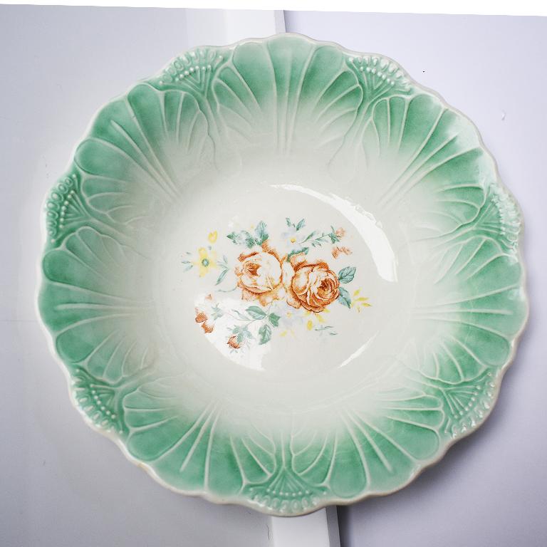 Round Green Ceramic Cabbage Leaf Serving Bowl with Floral Pattern For ...