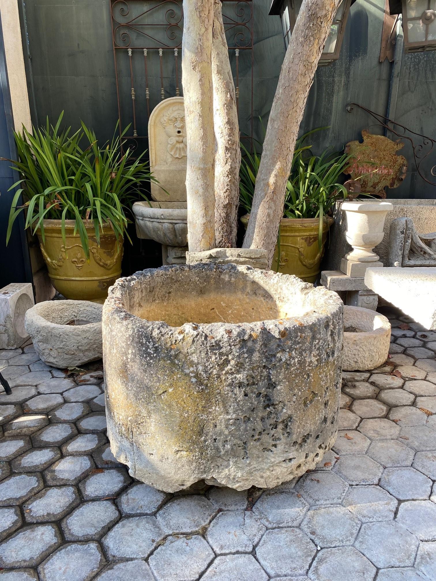 Round Hand Carved Water Fountain Basin Container Trough Planter Vessel ...