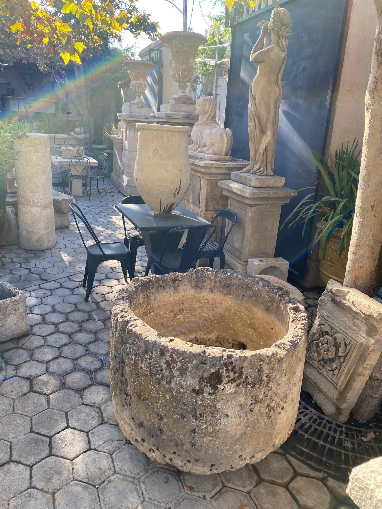 Round Hand Carved Water Fountain Basin Container Trough Planter Vessel ...