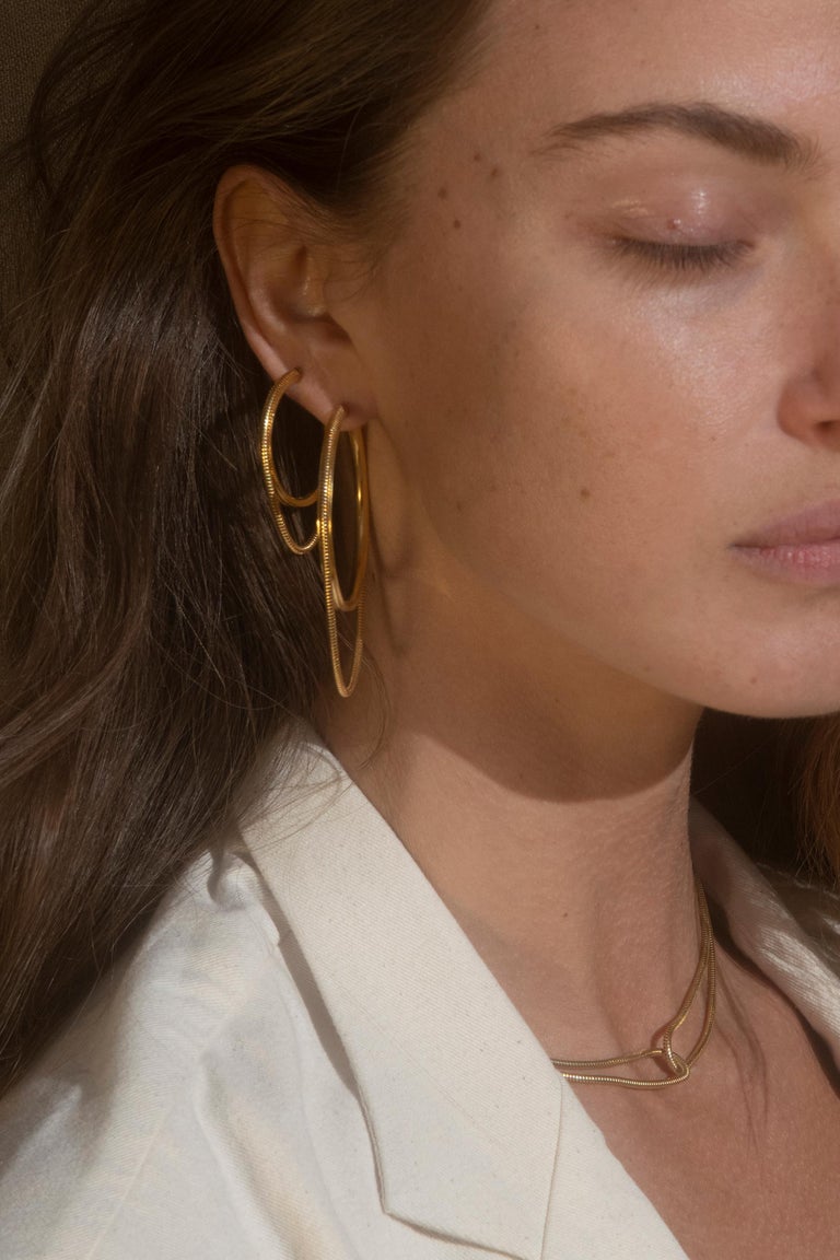 14 K Solid Gold Round Hoop Minimal Large Snake Chain Greek Earrings For ...