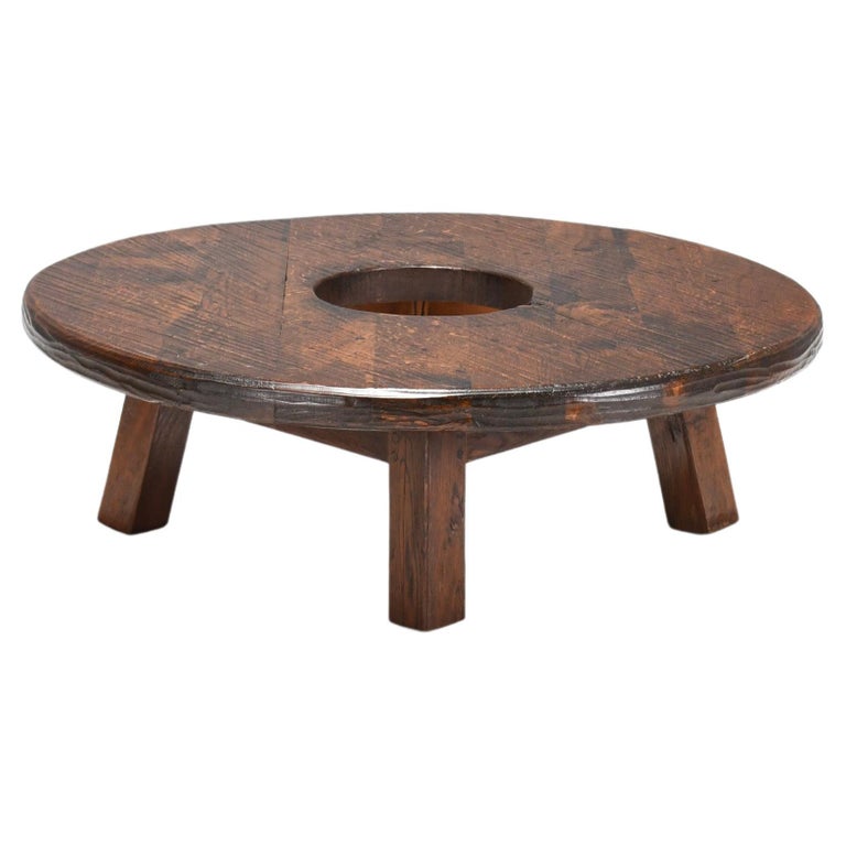 Round Impressive French Artisan Coffee Table in Solid Oak, 1960s at 1stDibs