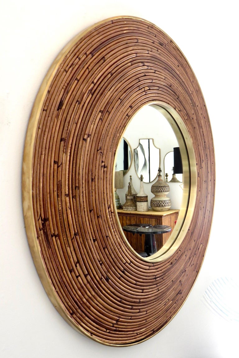 Round Italian Rattan Bamboo and Brass Framed Mirror circa 1970 at ...