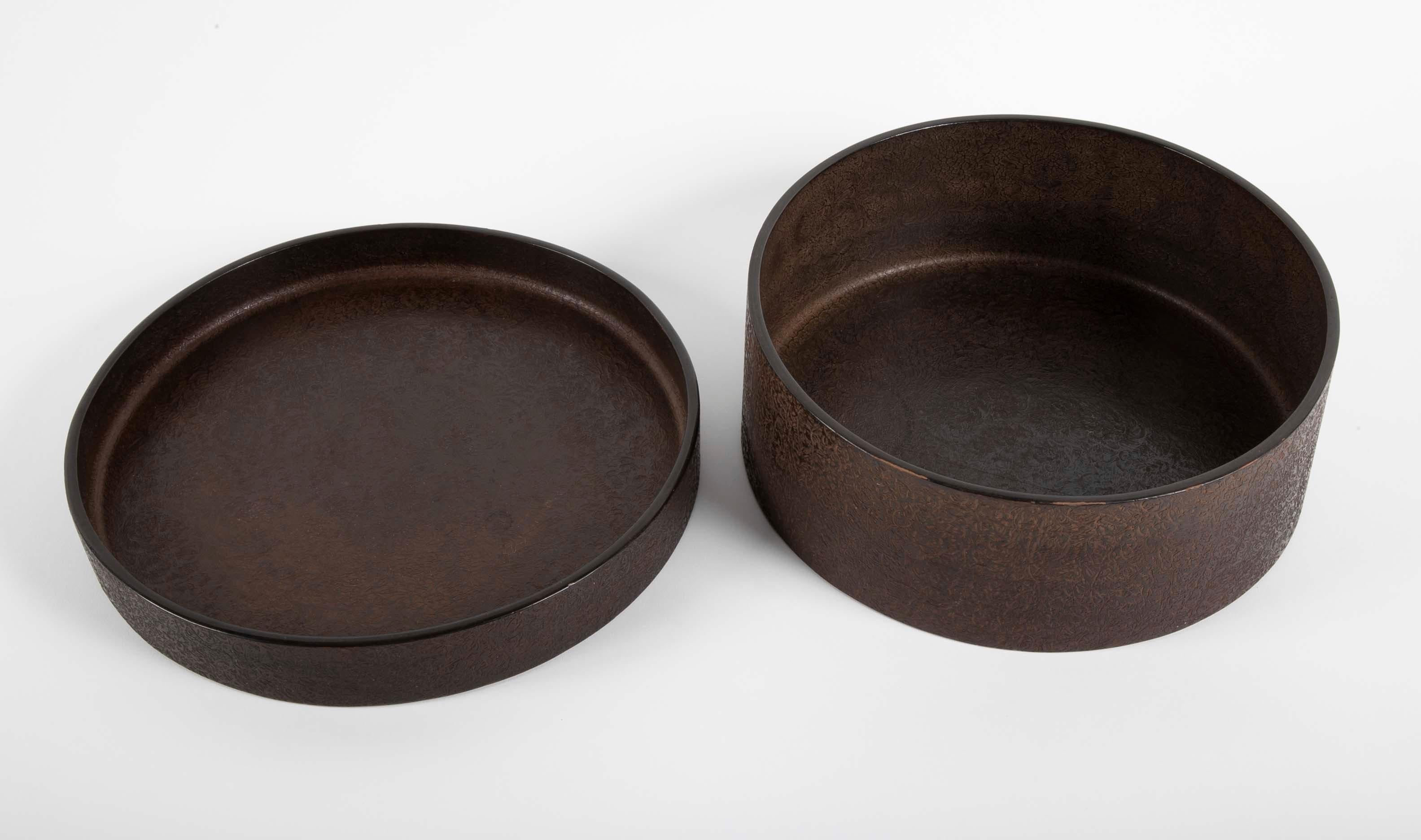 Round Japanese Covered Lacquer Box with Coin Motif in Gold at 1stDibs