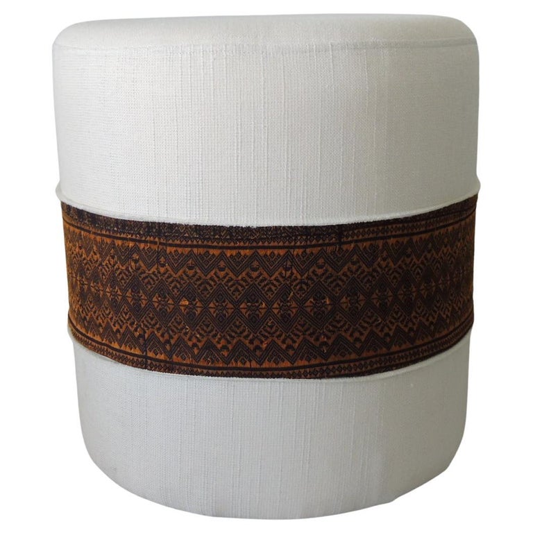 Round "Laos" Embroidery Sash Linen Ottoman at 1stDibs