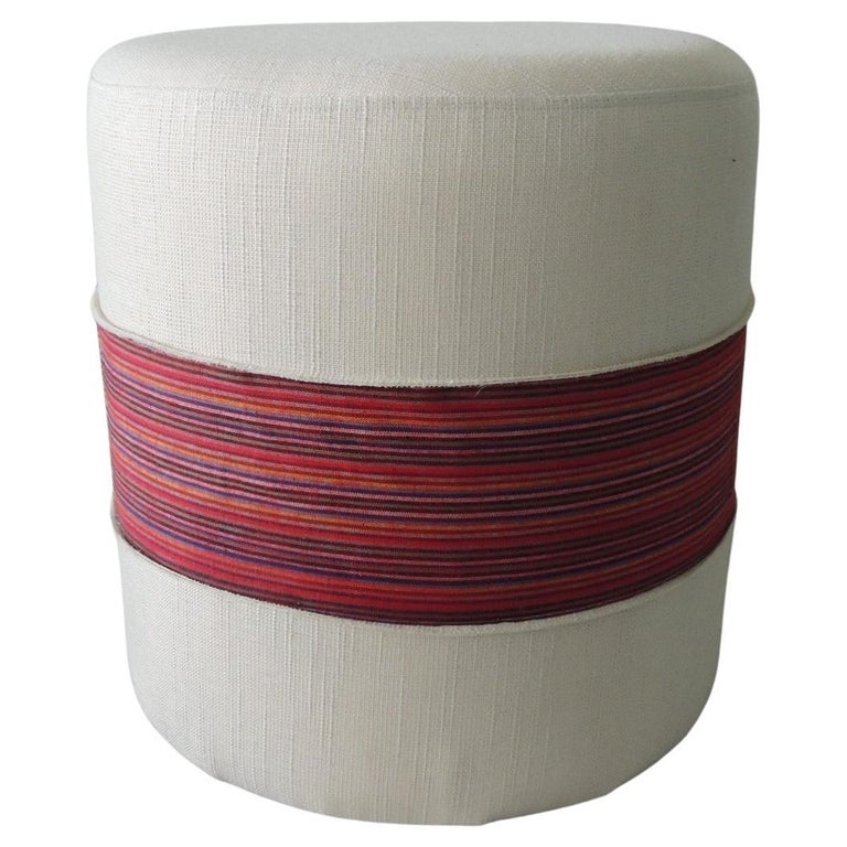 Round "Laos" Embroidery Sash Linen Ottoman at 1stDibs