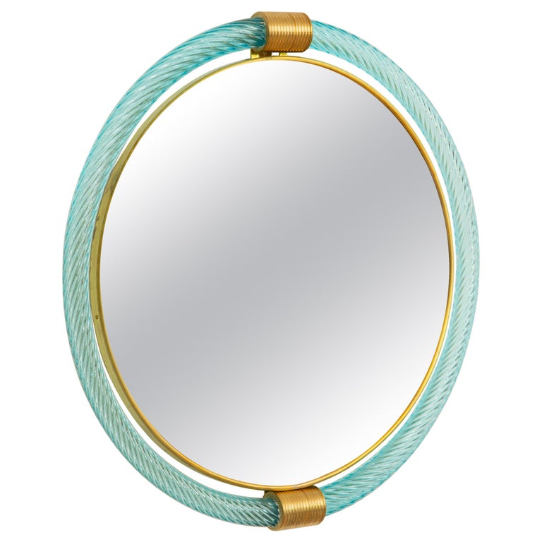 Round Light Blue Twisted Rope Murano Glass Mirror, in Stock at 1stDibs