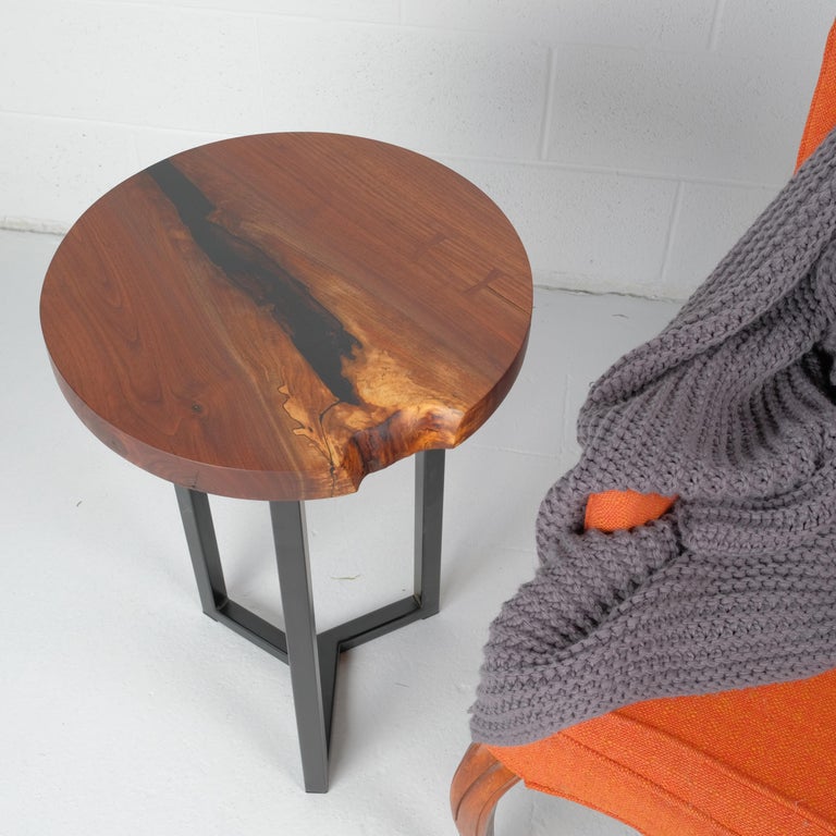 Round Live Edge Side Table in Walnut with Steel Frame For Sale at 1stDibs