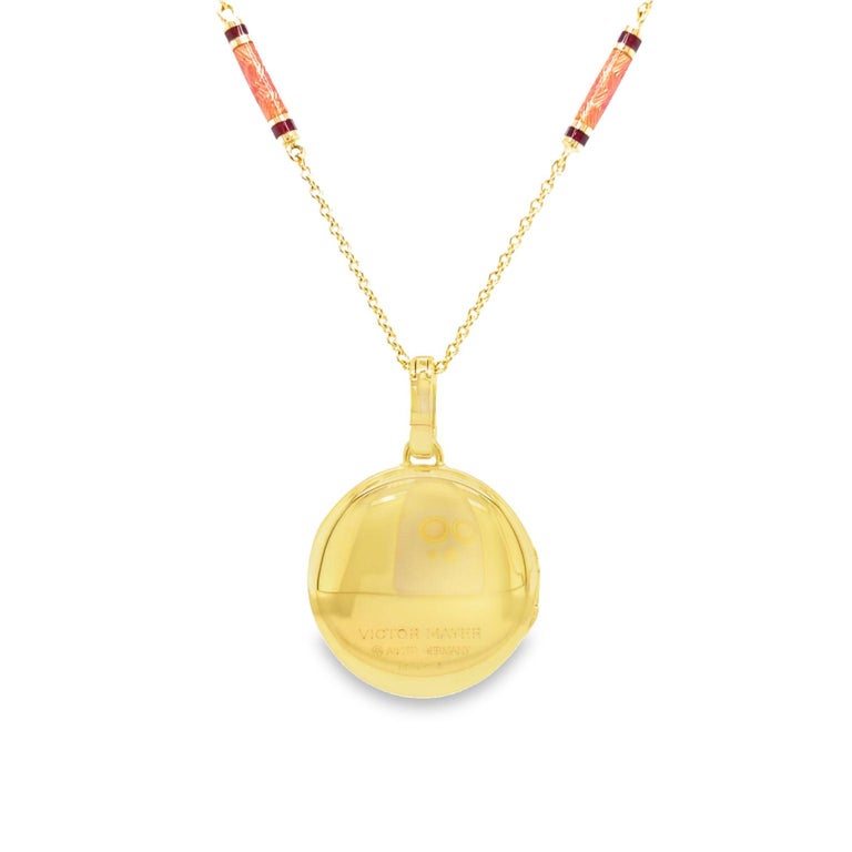 Round Locket Pendant 18k Yellow Gold Pink and Red Vitreous Enamel 1 ...