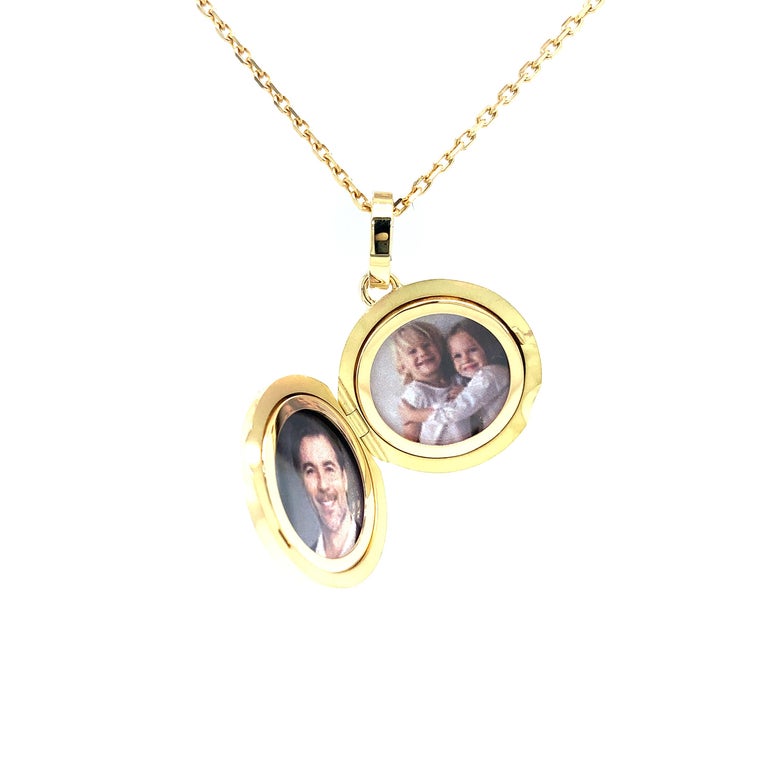 Round Locket Pendant Necklace Yellow Gold Red Fire Enamel over Scroll ...