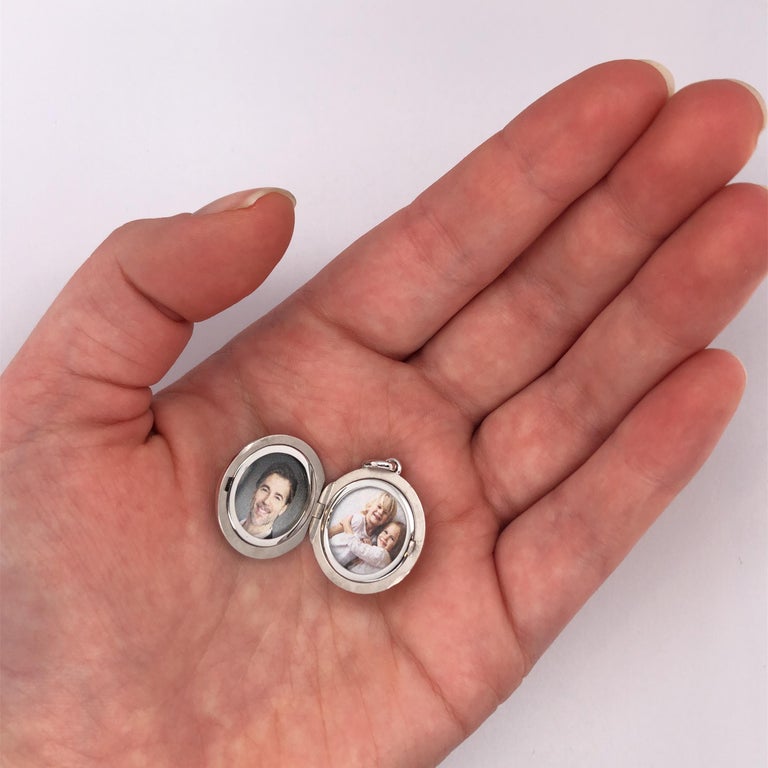 Round Locket Pendant White Gold Petrol Blue Fire Enamel over Scroll ...