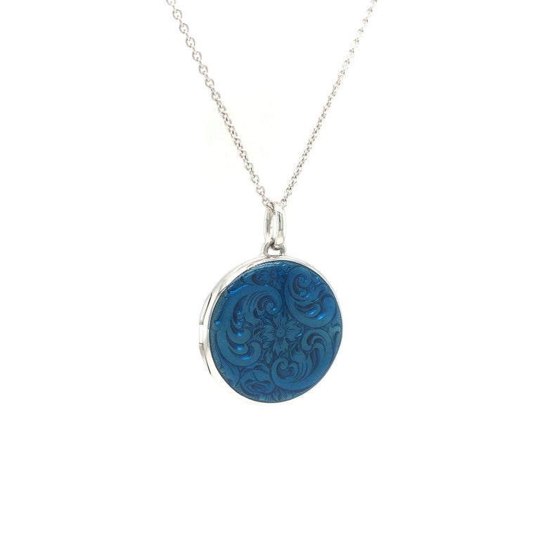 Round Locket Pendant White Gold Petrol Blue Fire Enamel over Scroll ...