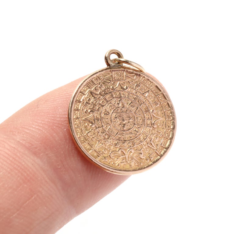 Round Mayan Calendar Charm, 14KT Yellow Gold For Sale at 1stDibs