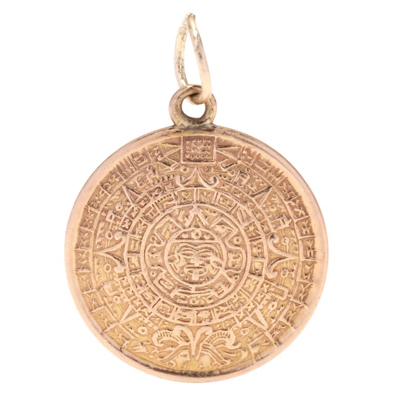 Round Mayan Calendar Charm, 14KT Yellow Gold For Sale at 1stDibs