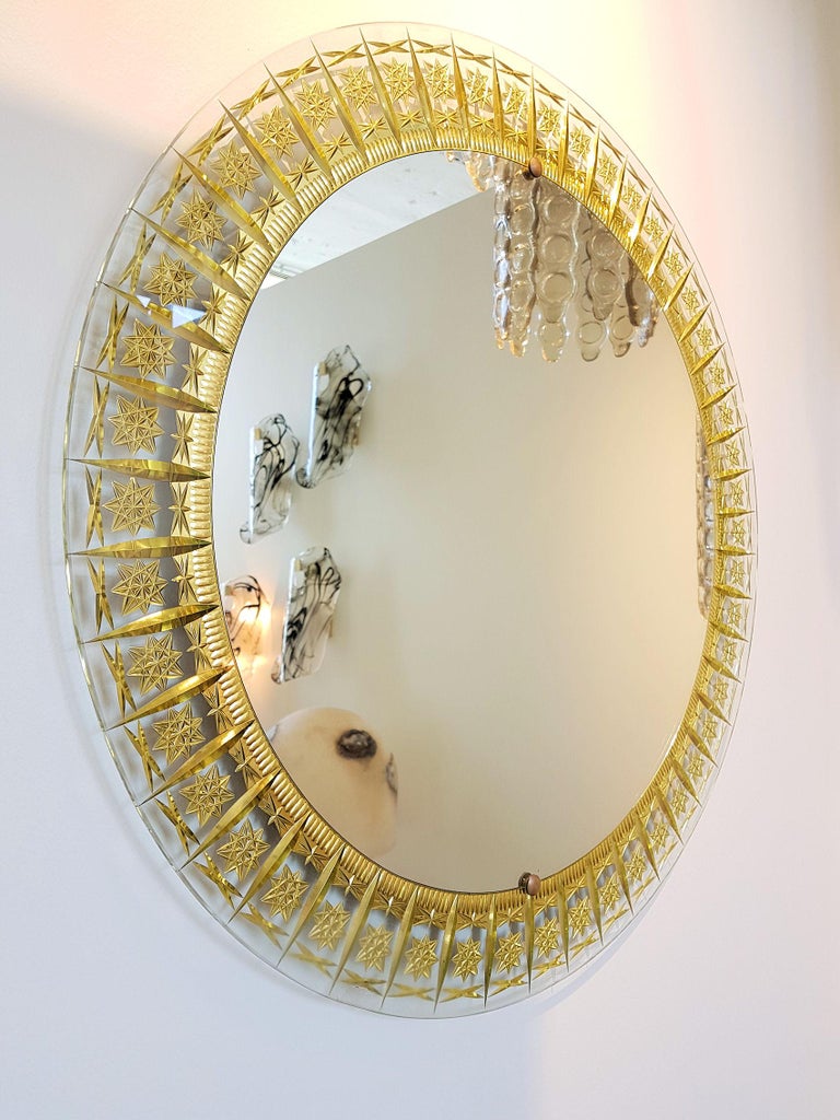 Round Mid-Century Modern Mirror, Glass Gold Carved Frame by Cristal ...