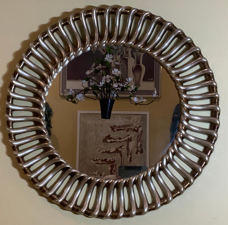 Round Midcentury Silver Gilded Mirror For Sale at 1stDibs