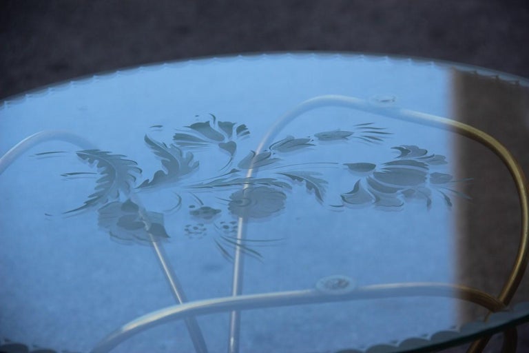 Round Midcentury Table Coffe Italian Design Brass Glass Top Engraved ...