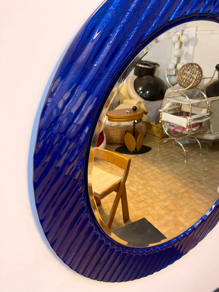 Round Mirror Blue Wave Glass by Falper, Italy, 1980s For Sale at 1stDibs