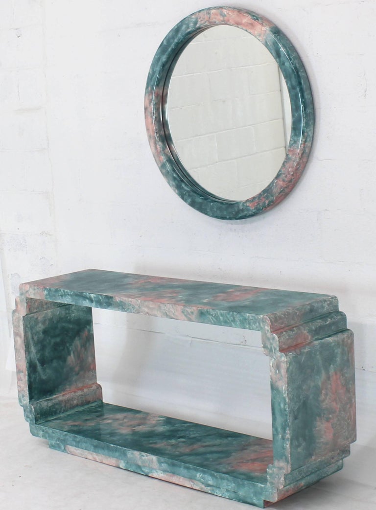 Round Mirror Console Table Marbleized Lacquered Finish Faux Marble For ...