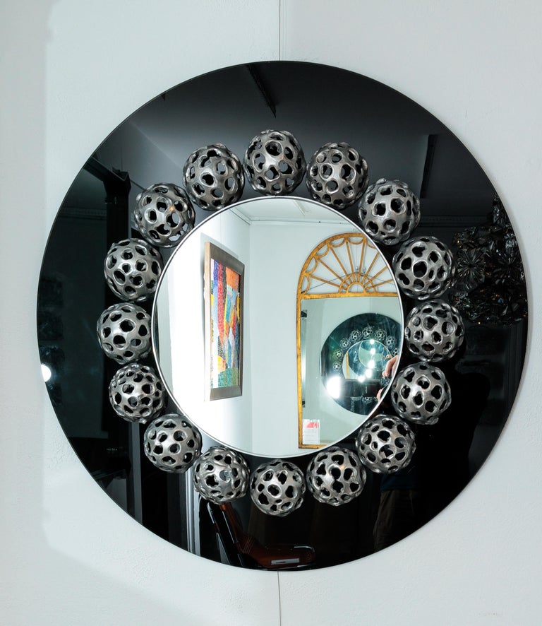 Round Mirror with 17 Metal Perforated Orbs on Black Glass For Sale at ...