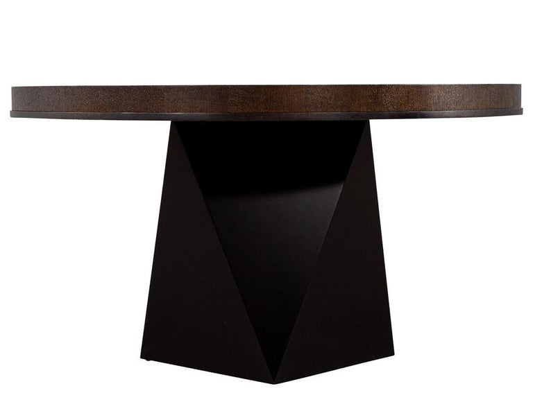 Round Modern Oak Dining Table with Black Geometric Base at 1stDibs