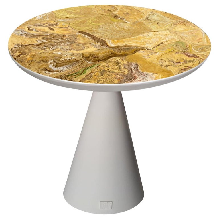 Round Modern Side Table White Lacquered Wood Conical Base Scagliola Top ...