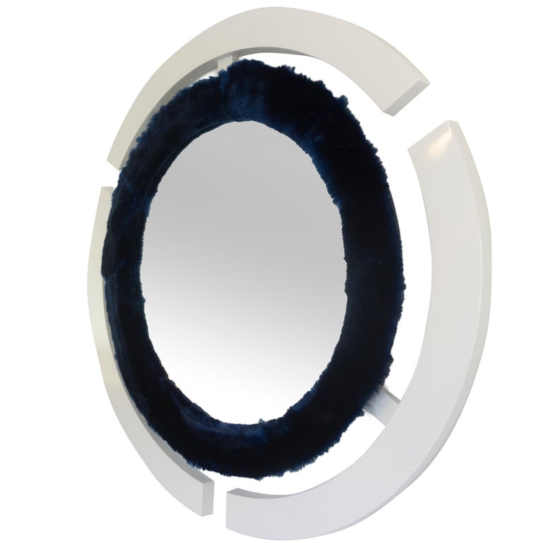 Round Modern Wall Mirror with Fur Trim For Sale at 1stDibs