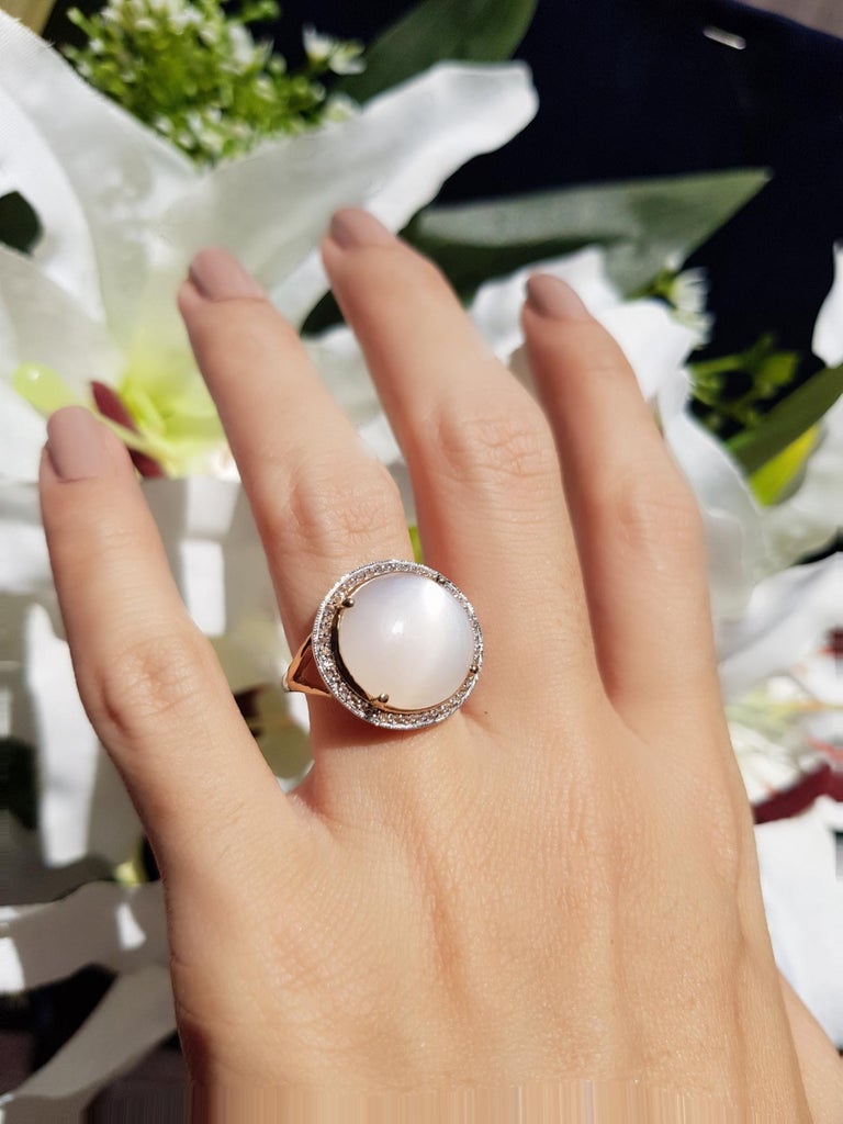 Round Moonstone with Diamond Halo Split Shank Cocktail Ring in 9K ...
