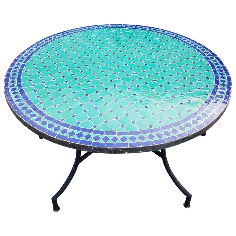 Round Moroccan Mosaic Table, Blue / Aqua For Sale at 1stDibs