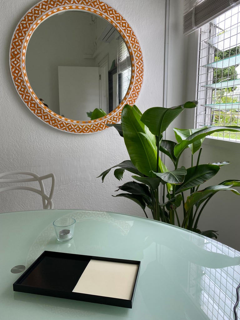 Round Mother of Pearl Mirror in Mellow Azure For Sale at 1stDibs