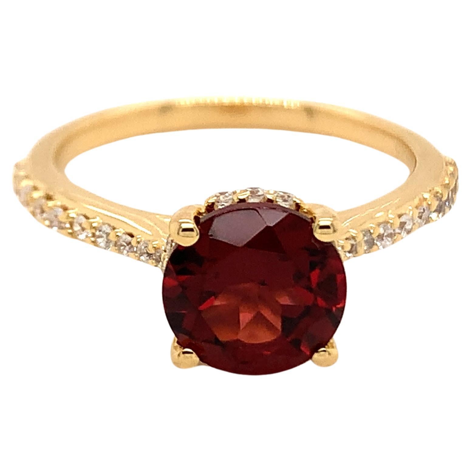 Round Natural Garnet And CZ Yellow Gold Over Sterling Silver Ring For ...