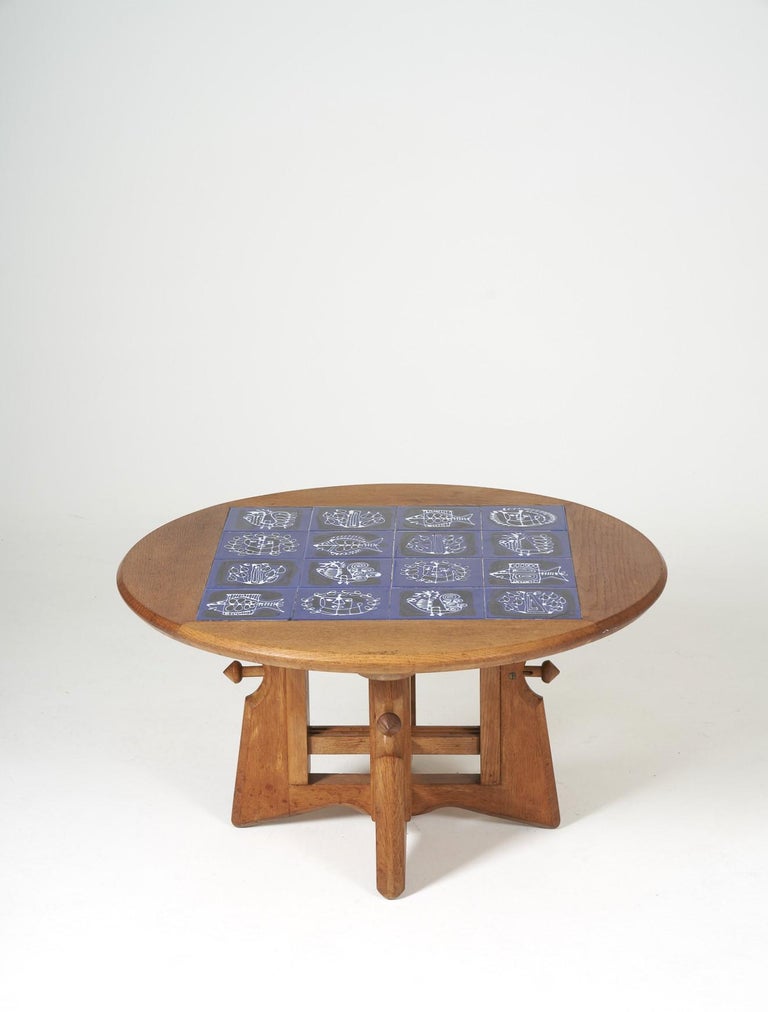 Round oak and ceramic coffee table by Guillerme and Chambron, 1960s at ...