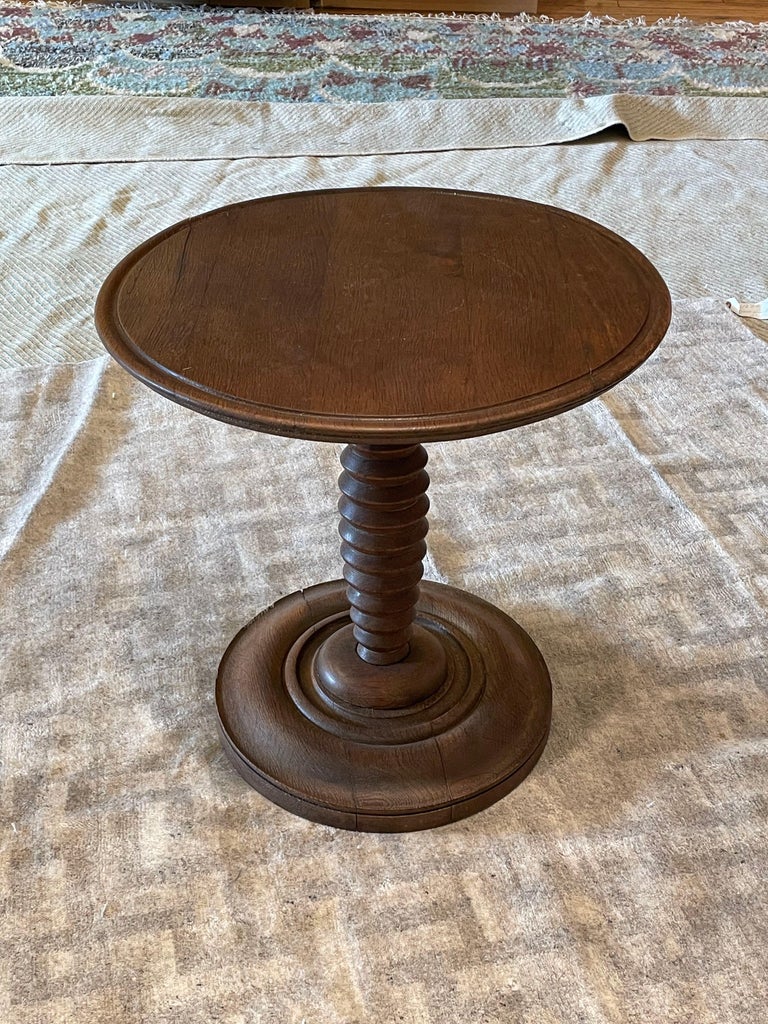 Round Oak Tiered Column Base Side Table, France, Mid Century at 1stDibs