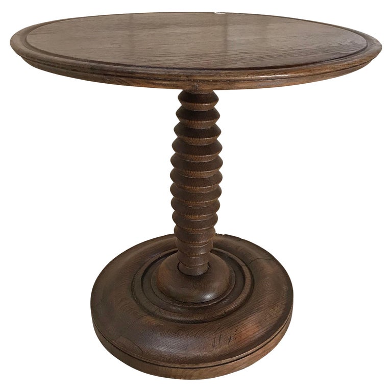 Round Oak Tiered Column Base Side Table, France, Mid Century at 1stDibs