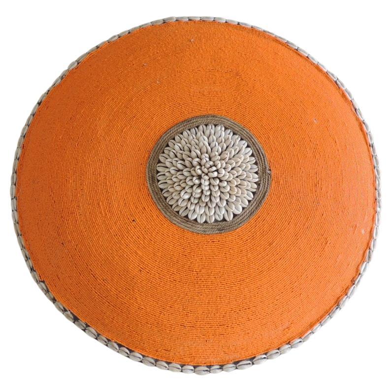 Round Orange Beaded Decorative African Wood Shield For Sale at 1stDibs