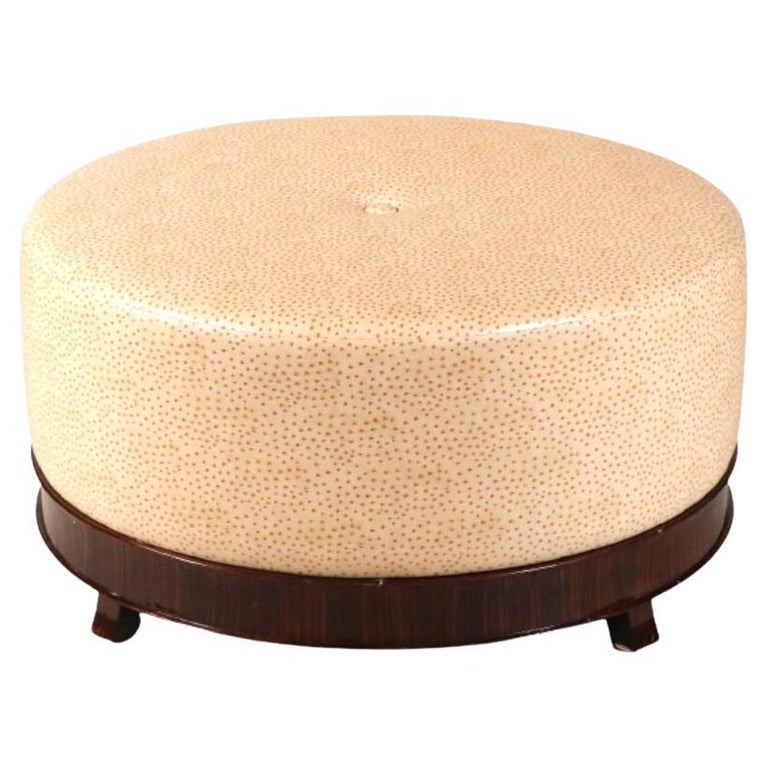 Round Ostrich Ottoman, Center Tuft and Zebrawood Feet For Sale at 1stDibs