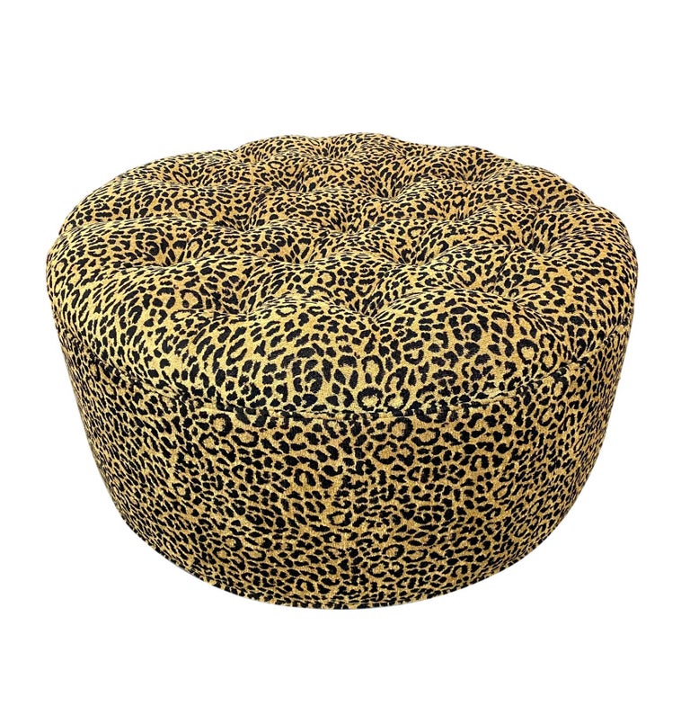 Round Ottoman, Newly Upholstered in Designer Leopard Print Chenille For ...
