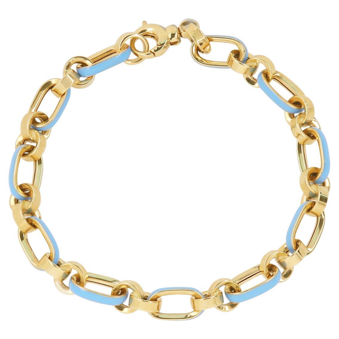 Round Oval Mixed Link Light Blue Enamel Bracelet 14k Yellow Gold For ...