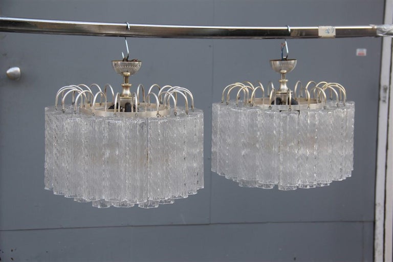 Round Pair of Ceiling Lamp Venini Ice Glass 1960 Triangolar Tubes ...