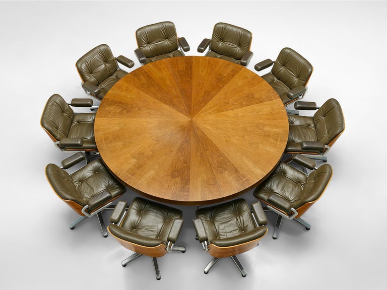 Round Pedestal Dining or Conference Table in Walnut and Metal For Sale ...