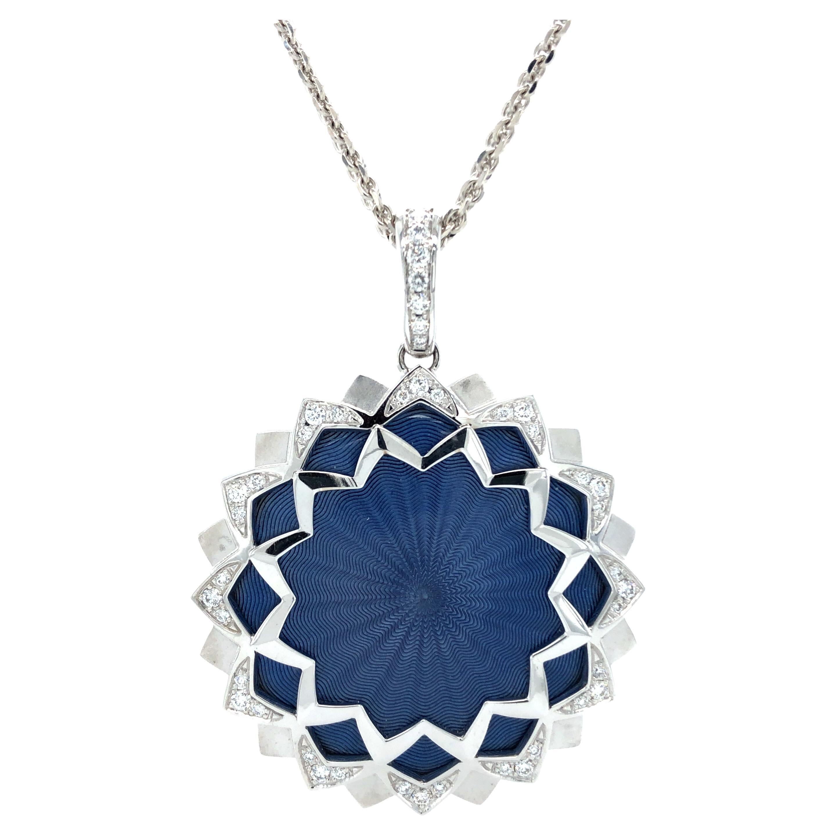 Round Two Sided Pendant 18k White Gold Silver Fondant Blue Enamel 34 ...