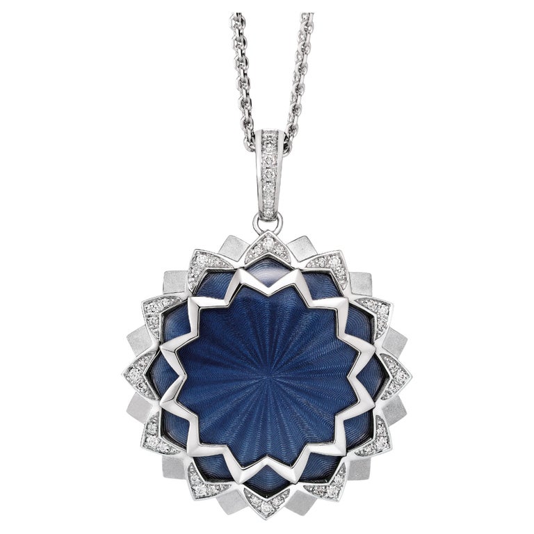 Round Pendant Necklace 18k White Gold Blue Guilloche Enamel 43 Diamonds ...