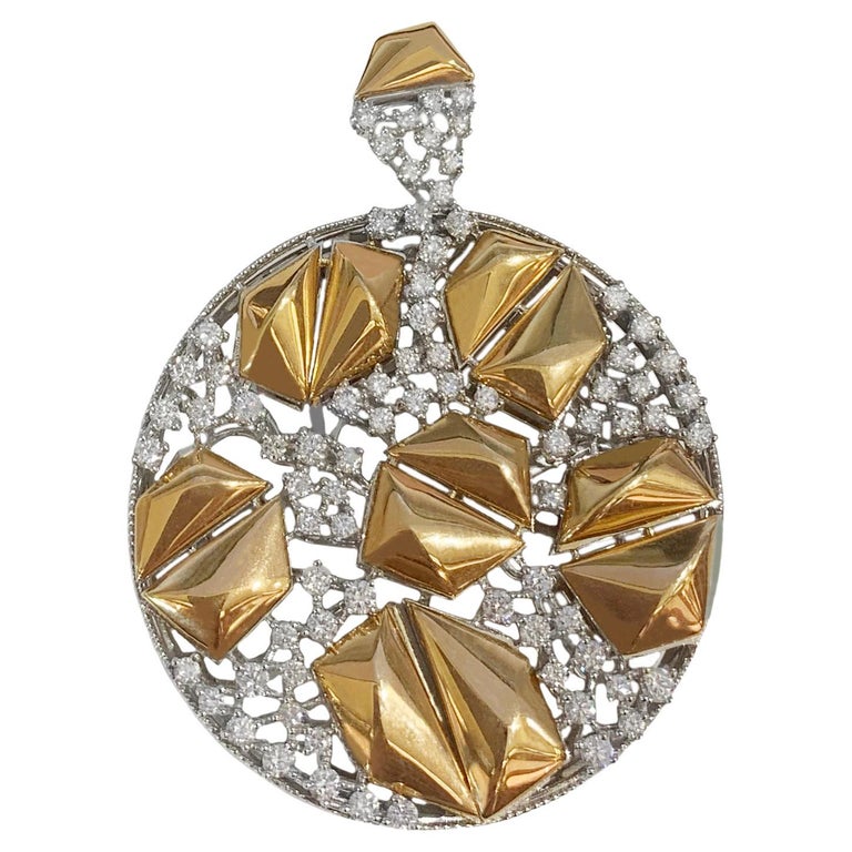 Round Pendant with Diamonds in Two Tone Gold For Sale at 1stDibs