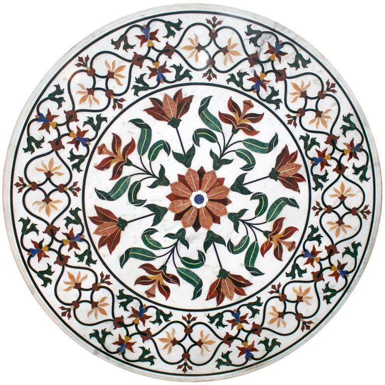 Round Pietra Dura Stone Inlay White Marble Table Top with Flower ...
