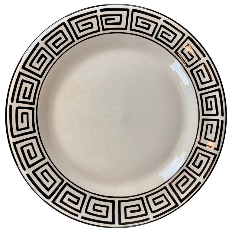 Round 14" Platter, Off-White with a Hand Painted Black Greek Key Border ...