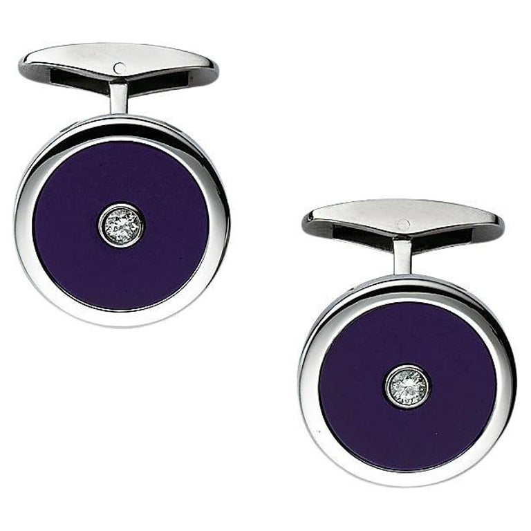 Round Cufflinks Stainless Steel 2 Diamonds 0.2ct Lapis Lazuli Inlay 19 ...