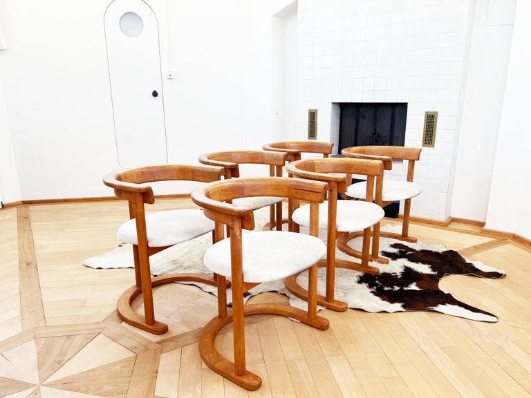 Round Post Modern Brutalist MCM Beech Dining Table + 6 Chairs, 9 Pcs ...
