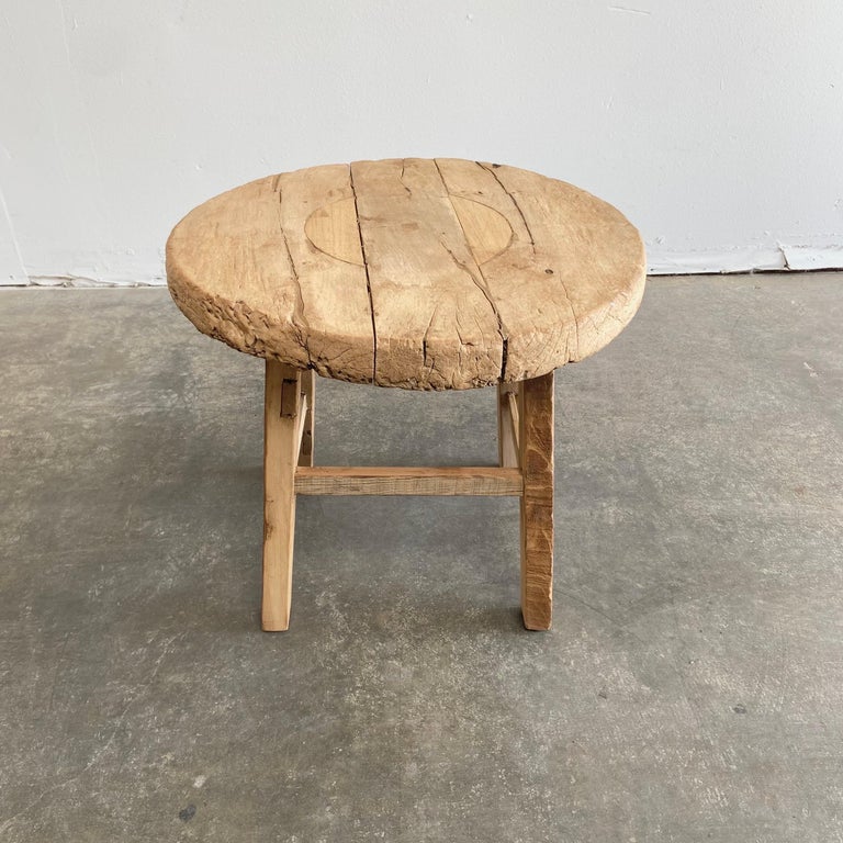 Round Reclaimed Elm Wood Side Table at 1stDibs
